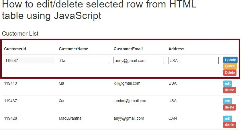 How To Edit/Delete Selected Row From HTML Table Using JavaScript